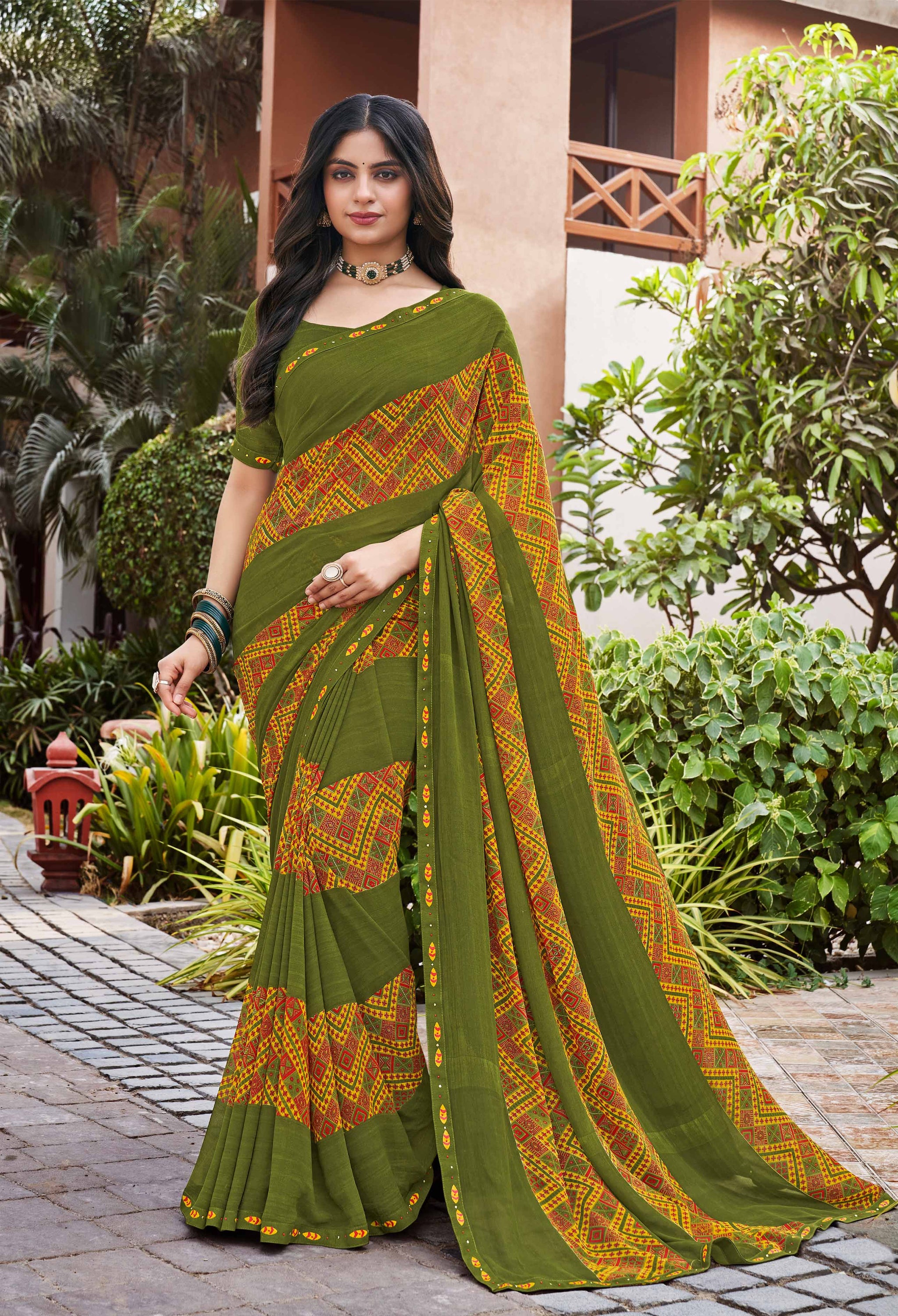 Laxmipati Noori-2 Floral Printed Georgette Saree in Olive Green Color