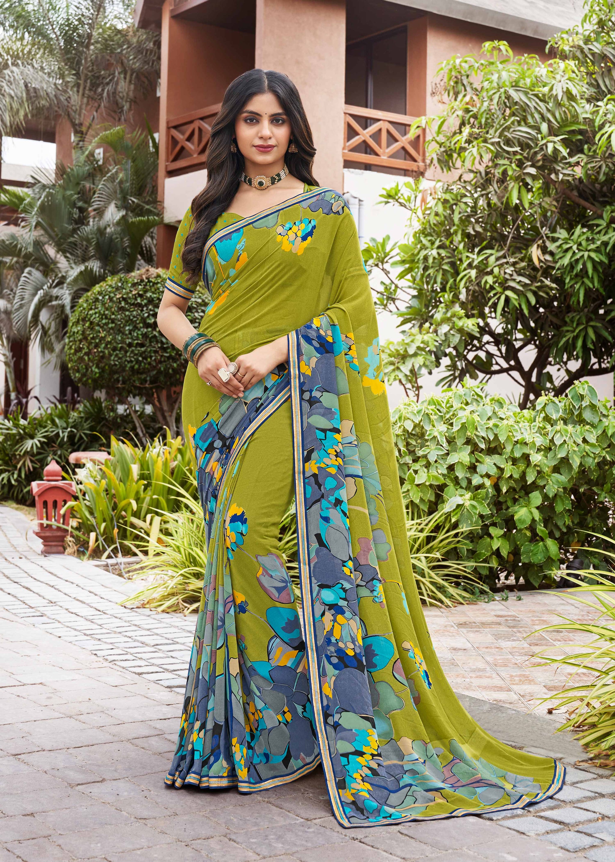 Laxmipati Noori-2 Floral Printed Georgette Saree in Lime Green Color w