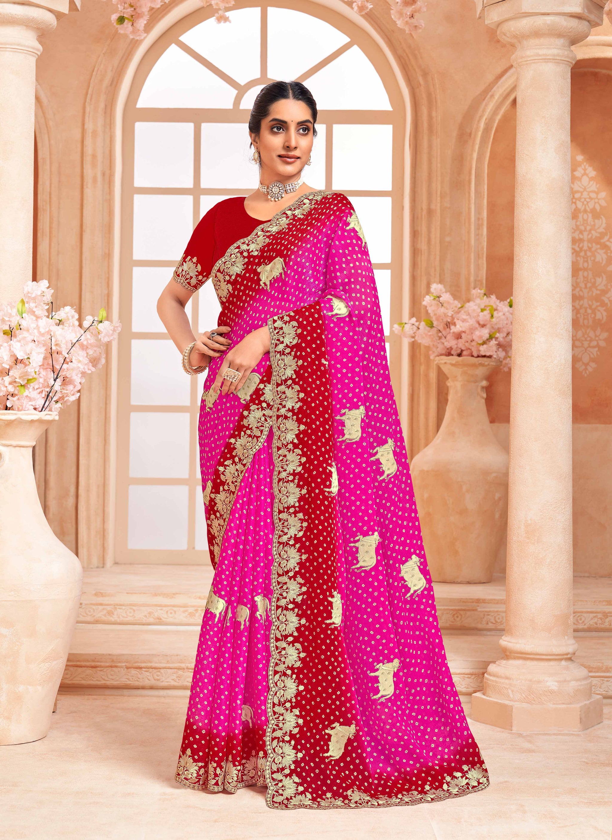 Laxmipati Hira Moti Embroidered Pink Chiffon Saree