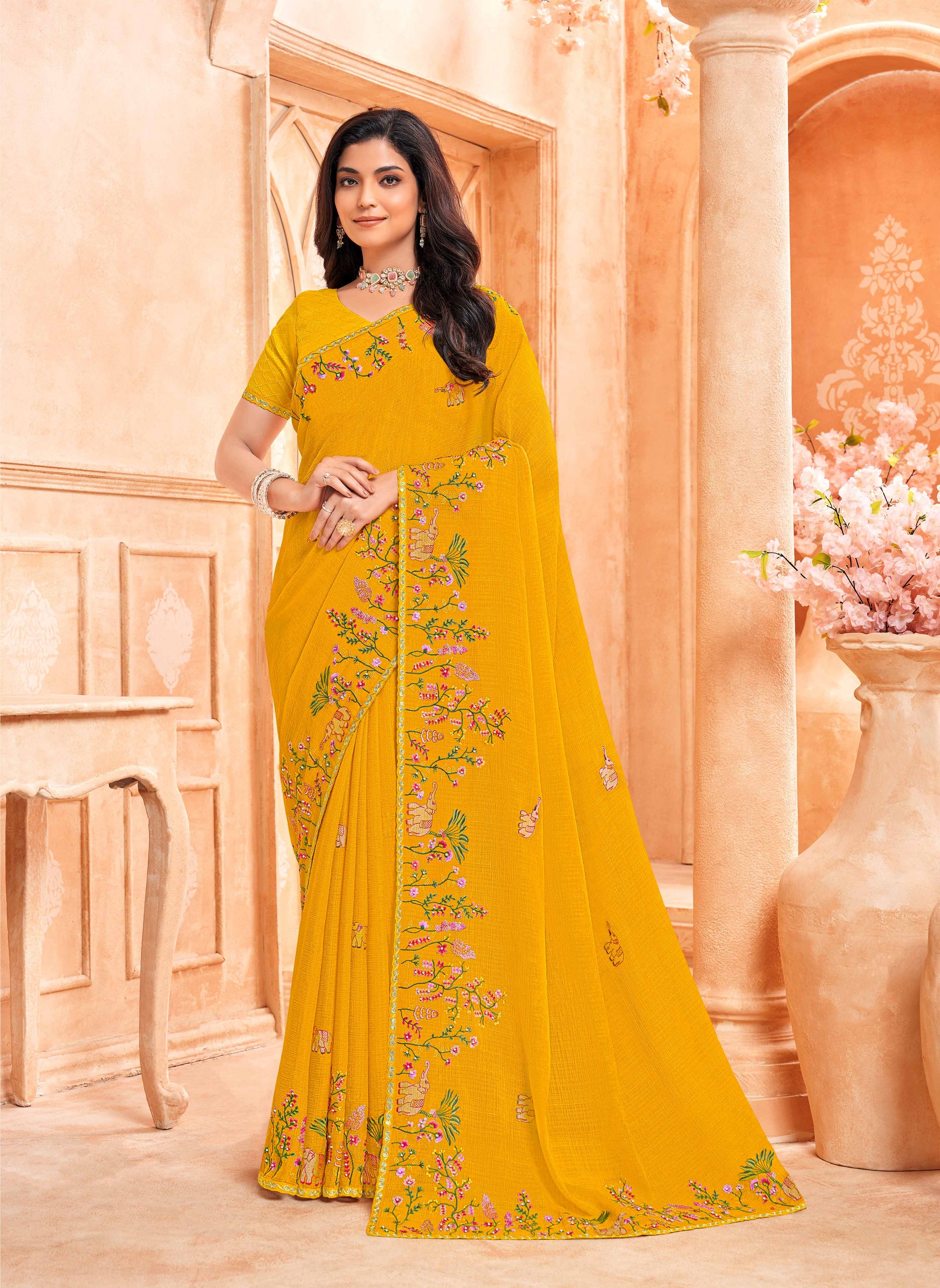 Laxmipati Hira Moti Floral Embroidered Yellow Chiffon Saree